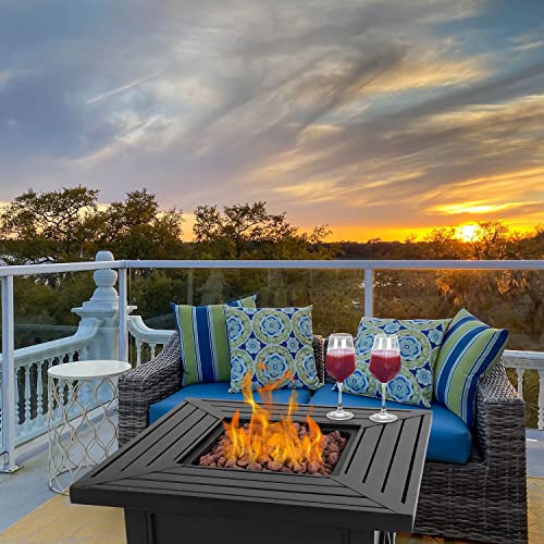 Gas Fire Pit Table, hOmeHua 28 inch Square Auto-Ignition Outdoor Propane Firepit with Cover and Lava Rock,Thick & Strong Striped Steel Tabletop,2 in 1 Fire Table for Patio/Backyard/Party/Deck (Black)