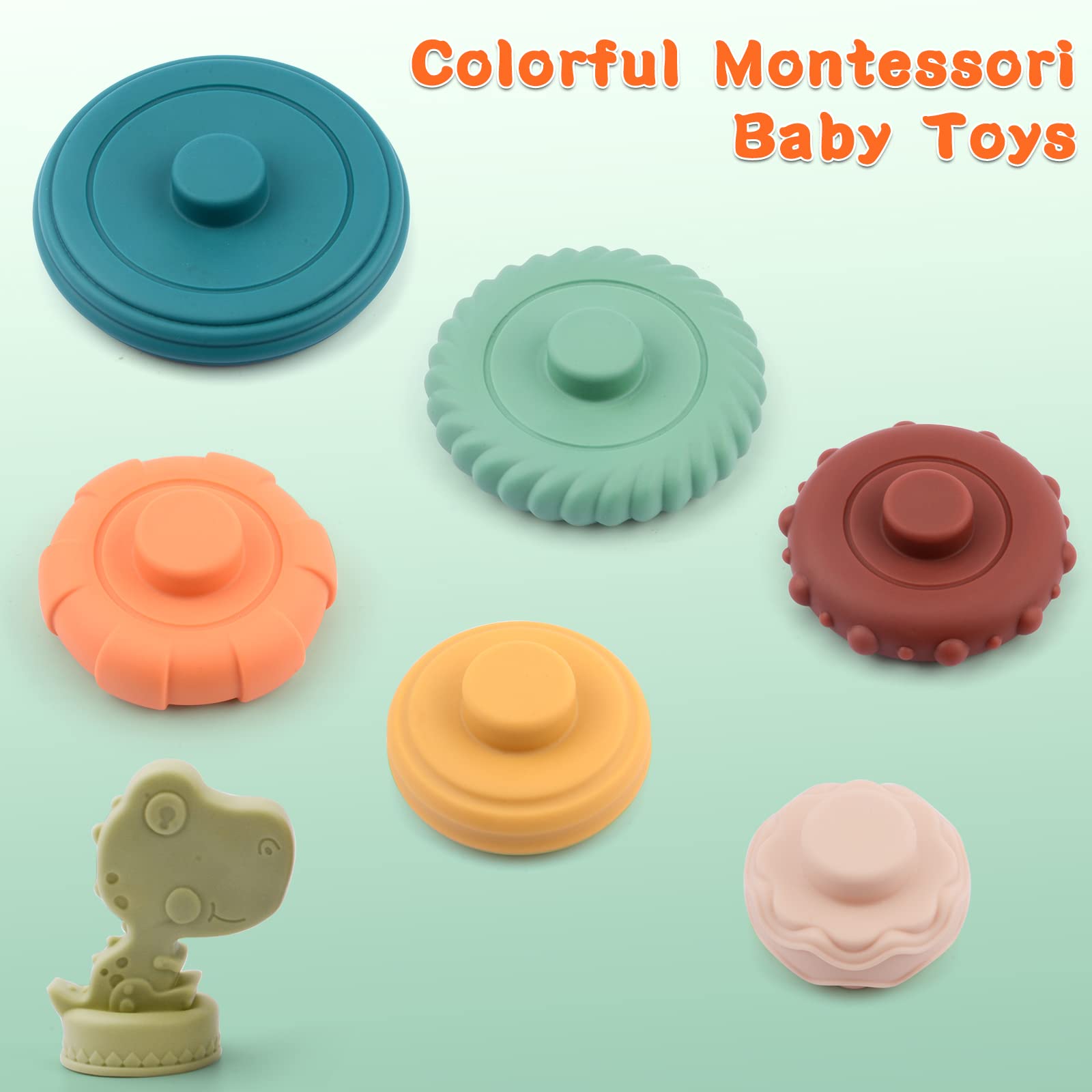 Fuwane 7Pcs Dinosaur Baby Stacking Toys, Nesting Circle Toy Building Rings Stacker & Teethers Squeeze Play with Early Educational Toy Baby Essentials for 6 9 12 15 18 Months Newborn Toddler