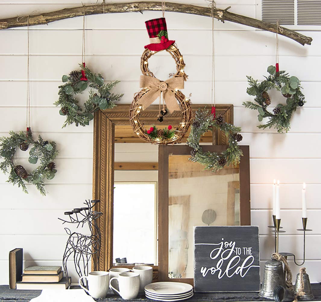 DearHouse 16 x 8 Inch Lighted Christmas Wreath Decoration, Grapevine Wreath with Hat and Bow Snowman Shape Wreath for Front Door Home Garden Wall Decor