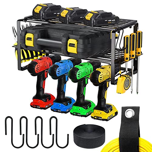 Power Tool Organizer and Extention Cord Holder - Garage Storage Rack for Handheld Power Tools - Heavy Duty Wall Mounted Utility Tool Storage Shelf with Side Screwdriver for Garage, Home, Workshop