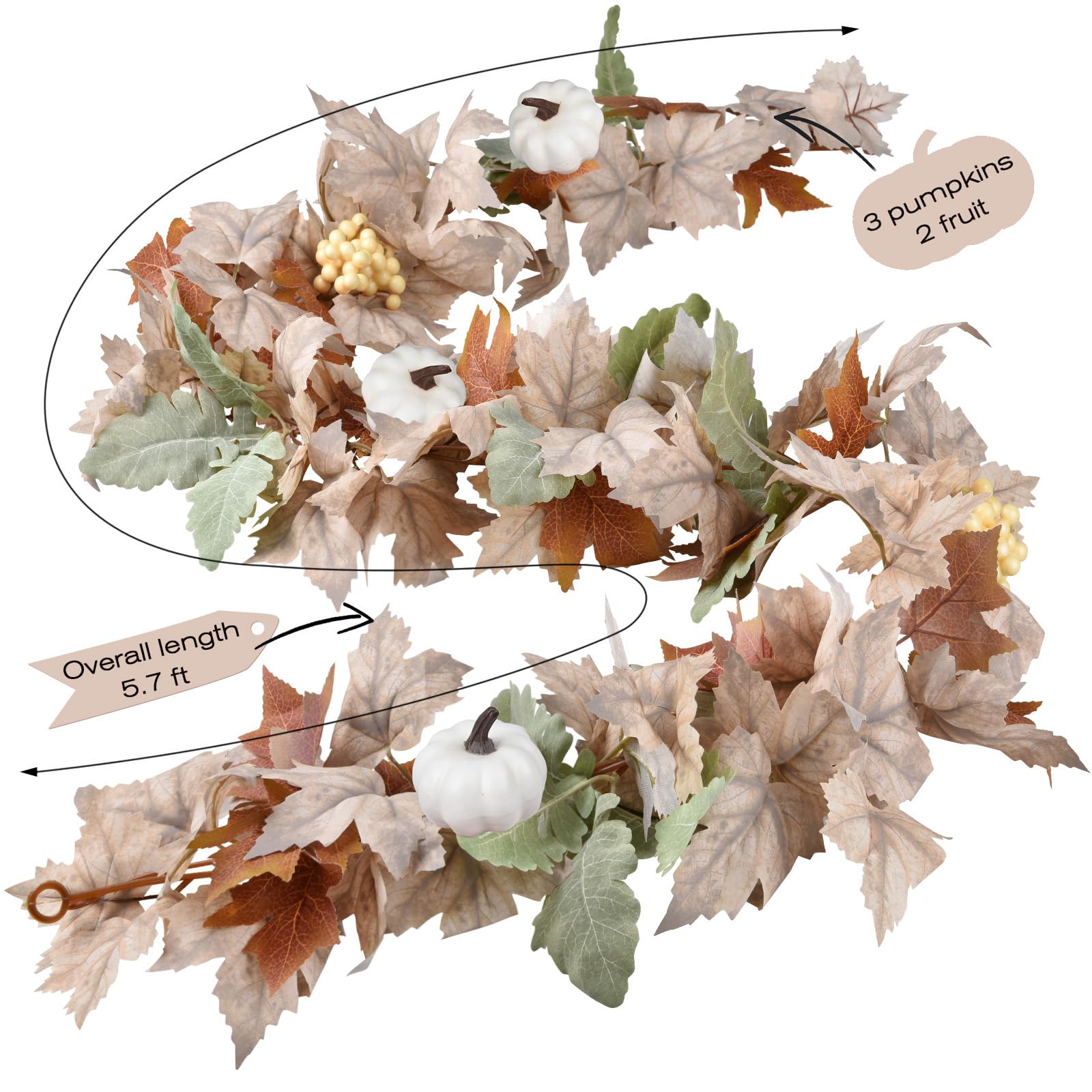 DearHouse 1Pcs Fall Garland Maple Leaf, 6Ft/Piece Hanging Vine Garland Artificial Autumn Foliage Garland Thanksgiving Decor for Home Wedding Fireplace Party Christmas (White)