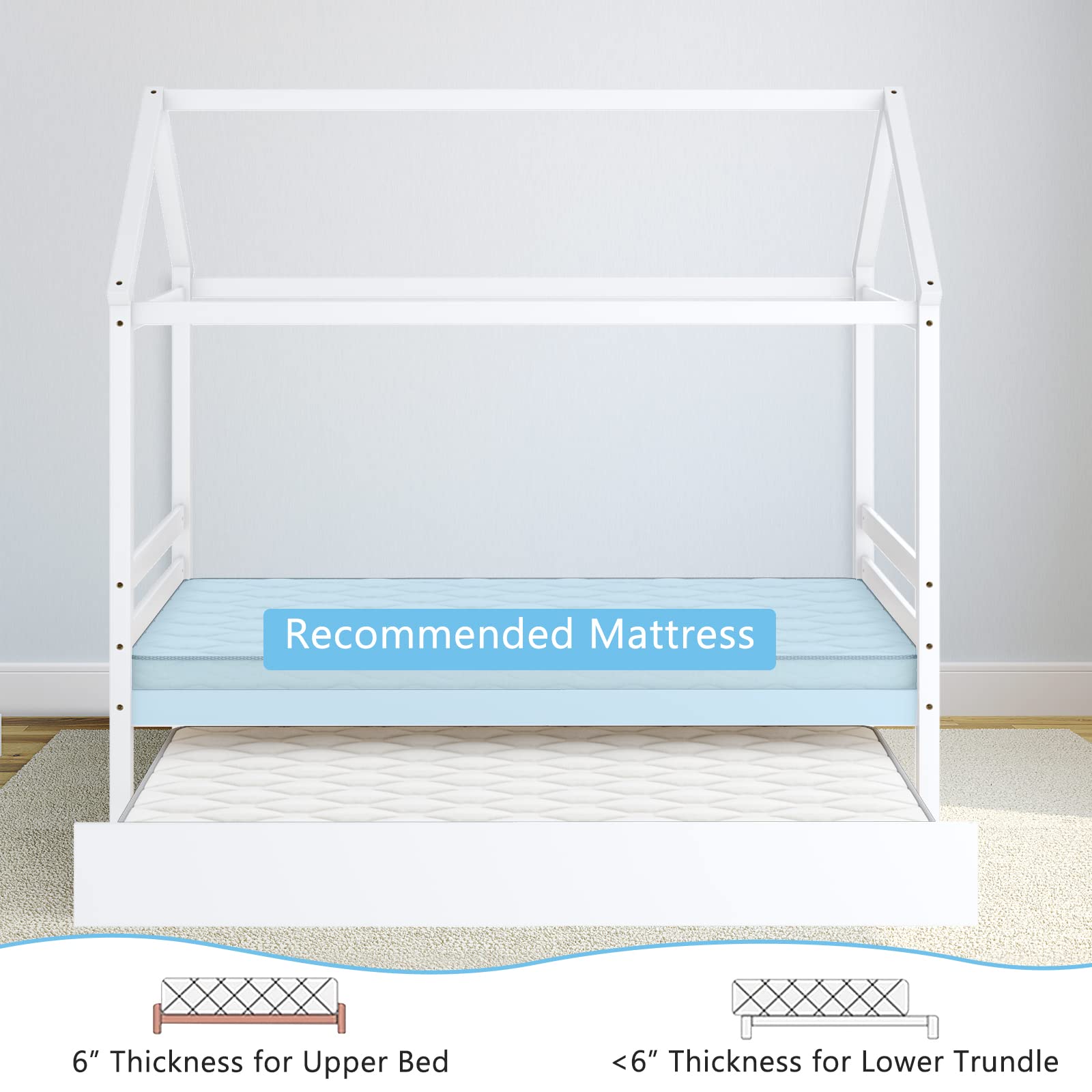 KOMFOTT Twin House Bed with Trundle, Solid Wood Playhouse Platform Bed Frame, Kids Daybed with Roof for Girls & Boys, No Box Spring Needed, Noise-Free Design, Easy Assembly, White