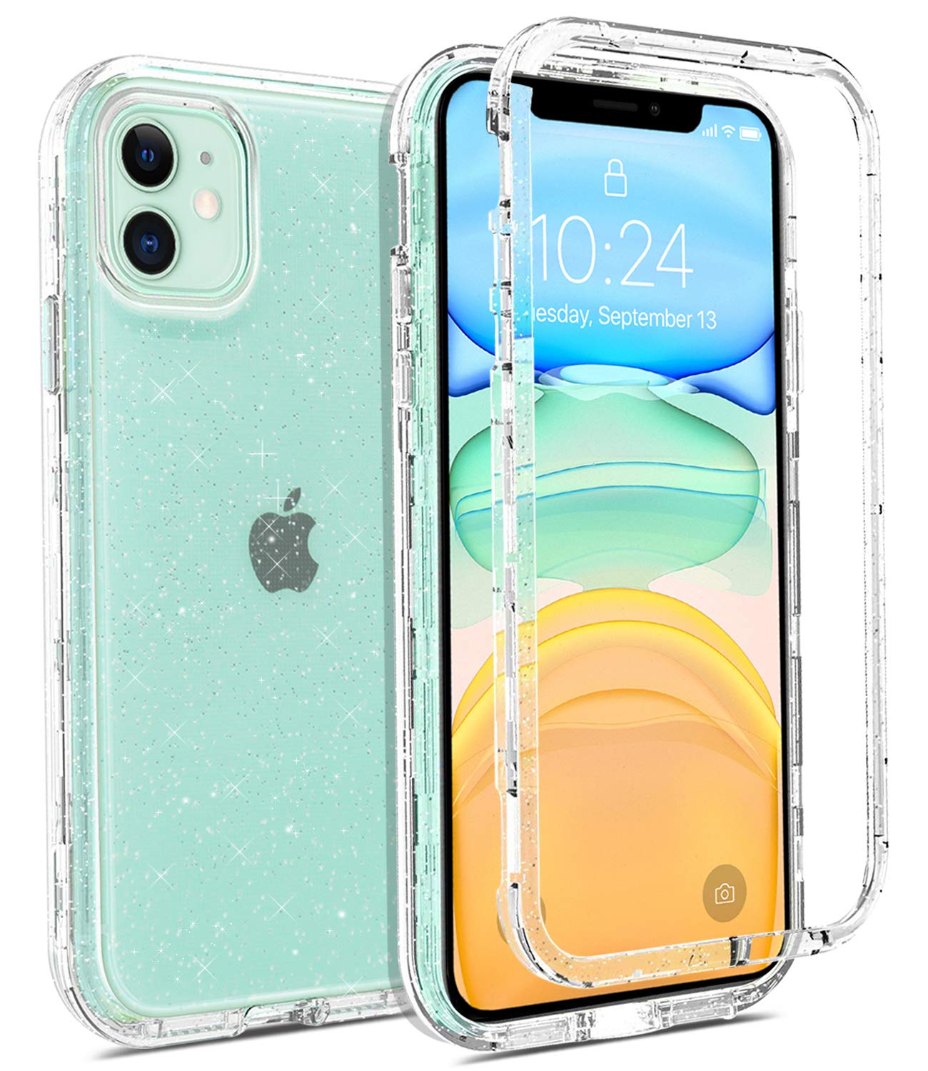 Coolwee Crystal Glitter Full Protective Case for iPhone 11 Heavy Duty Hybrid 3 in 1 Rugged Shockproof Women Girls Transparent for Apple iPhone 11 6.1 inch Shiny Clear Bling Sparkle