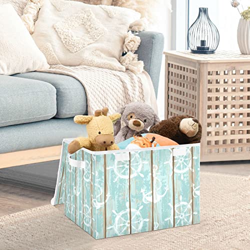 innewgogo Wooden Anchor Storage Bins with Lids for Organizing Baskets Cube with Cover with Handles Oxford Cloth Storage Cube Box for Living Room