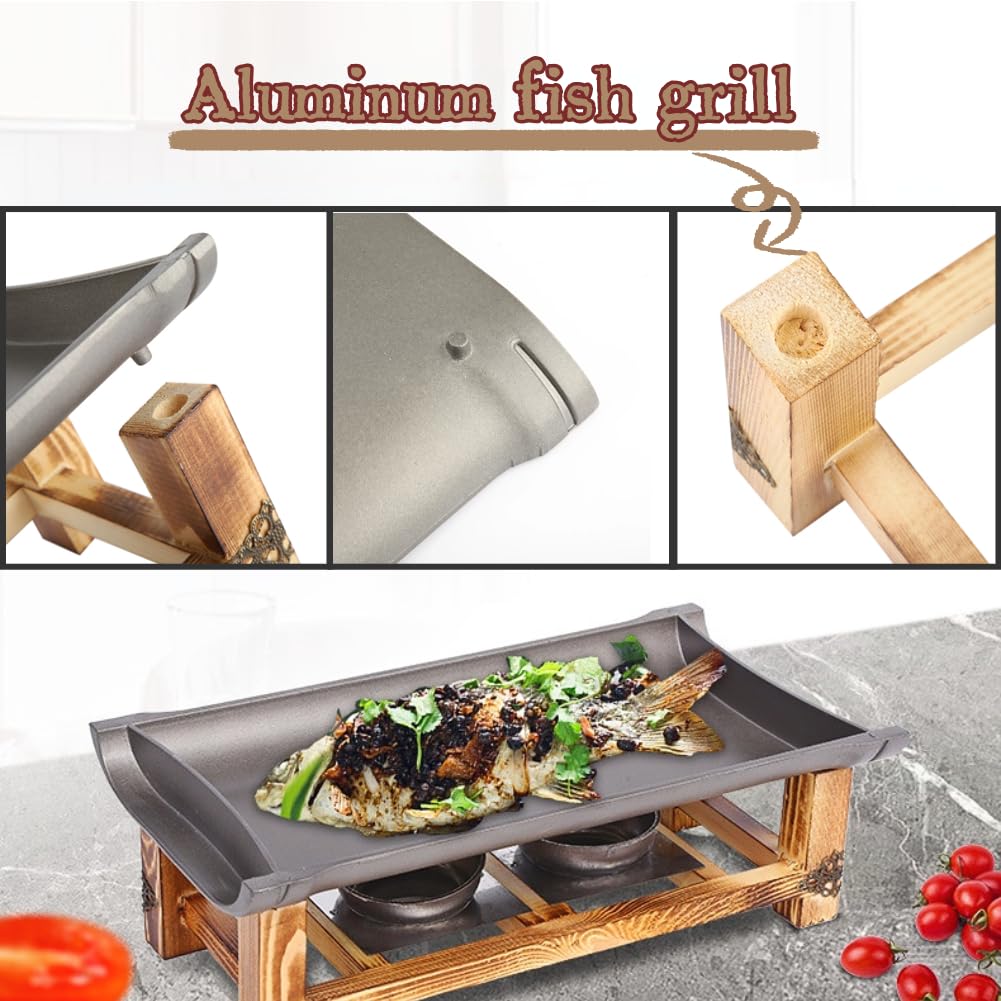 Haofy Alcohol Stove Non-Stick Grill Pan with Wooden Shelf, Ceramic Grill Plate Set for Indoor Outdoor BBQ Roasting Baking, Japanese Barbecue Tool(30CM)