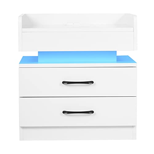 LED Nightstand with Charging Station, White Night Stands with USB Charging Ports and LED Lights, Modern Wooden Bedside Table with 2 Drawers, Small End Side Table with Drawers for Bedroom, Living Room