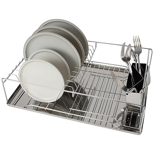 Kitchen Details 3 Piece Dish Rack | Drain Tray | Cutlery Holder | Countertop | Organizer | Holds 13 Dishes | Chrome
