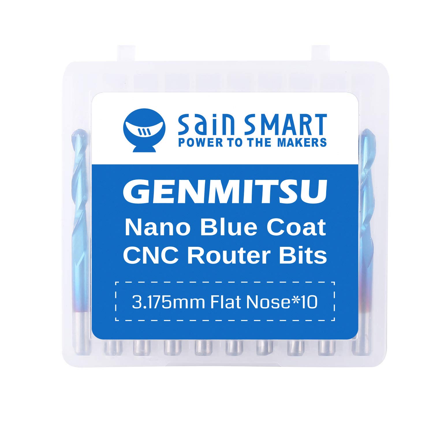 SainSmart Genmitsu 10Pcs Nano Blue Coat Flat Nose End Mill CNC Router Bits, 1/8" Shank Spiral Upcut 2 Flute End Mill Set (3.175 x 17 x 38mm)
