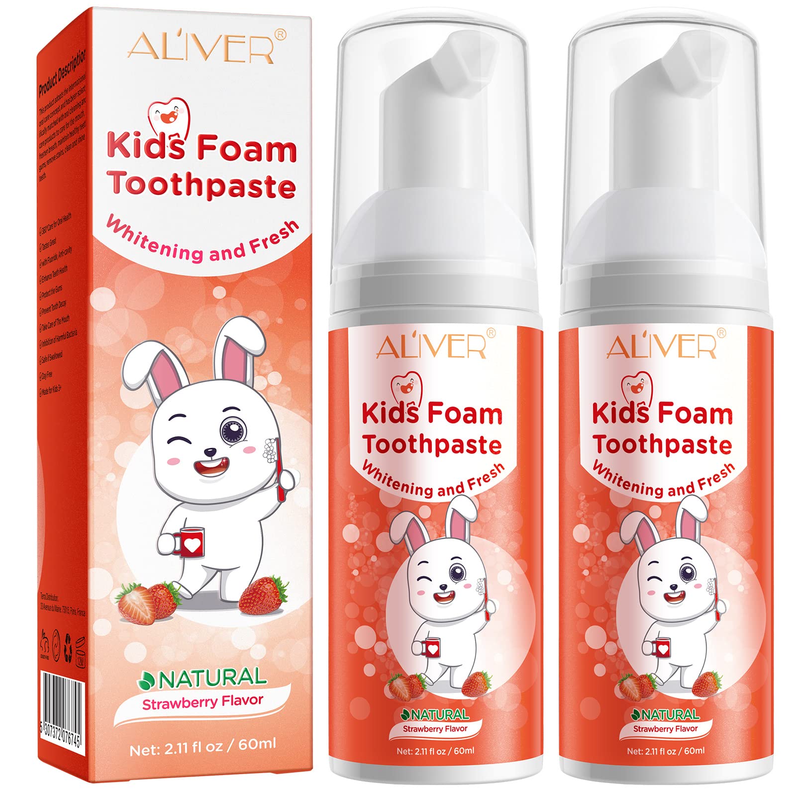 Foam Toothpaste Kids - 2 Pack Childrens Toothpaste with Low Fluoride Toddler Toothpaste for Electric Toothbrush Foaming Toothpaste Kids for Toddler's Oral Cleaning and Cavity Prevention(Strawberry)