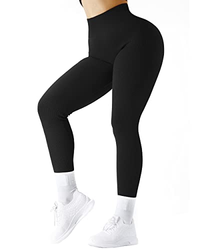 SUUKSESS Women Ribbed Seamless Leggings High Waisted Tummy Control Workout Yoga Pants (Black, L)