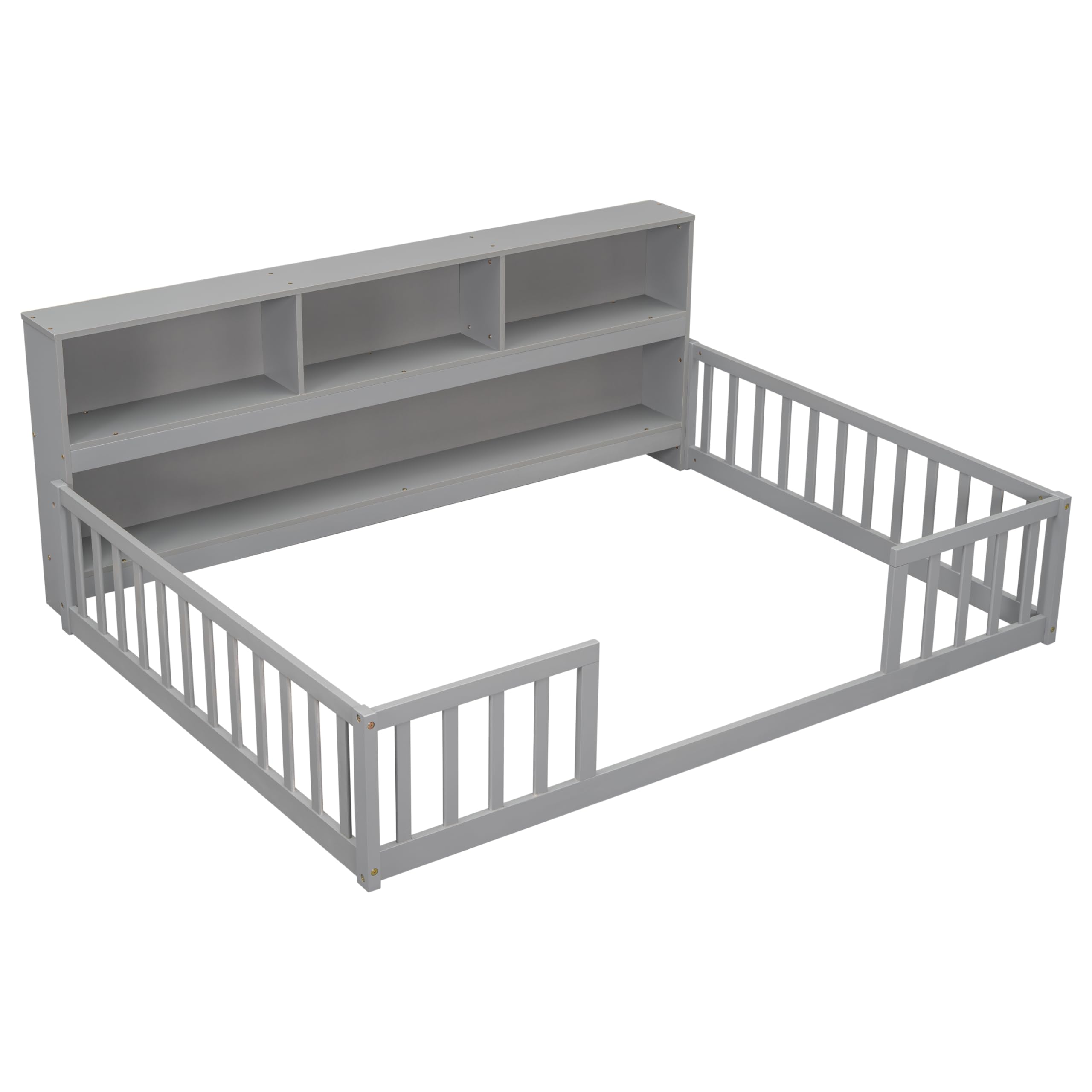 Harper & Bright Designs Full Size Floor Bed with Bedside Bookcase, Shelves, Guardrails, Wood Montessori Bed with Storage, Grey