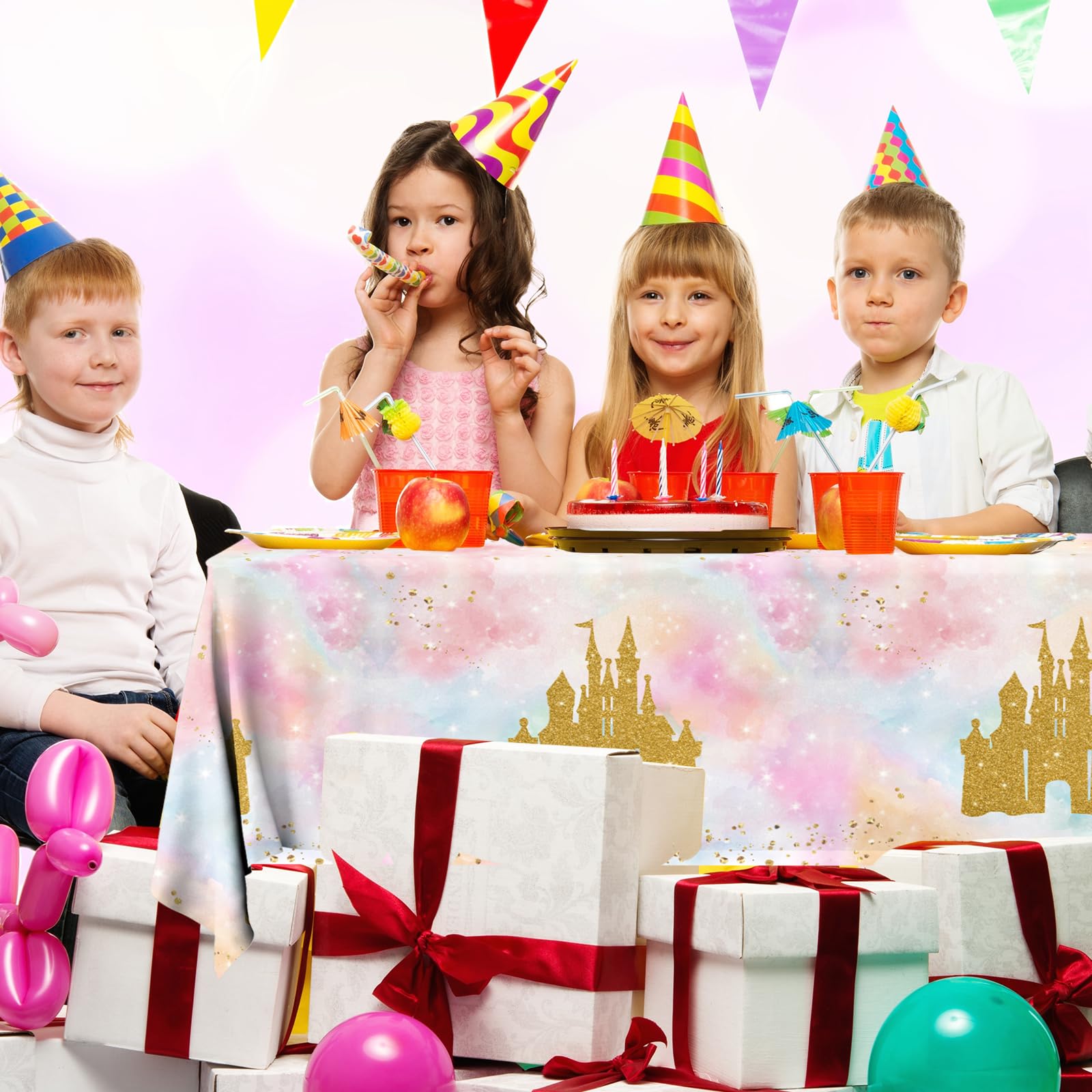 Juweked 3Pcs Princess Castle Tablecloth Rectangle Princess Table Cloth Pink Tablecloth Plastic Princess Table Decorations Pastel Table Cover Gold and Pink Princess Party Decor, 70.8" x 42.5"