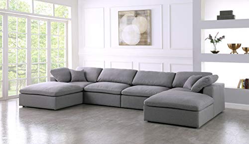 Meridian Furniture Serene Collection Modern | Contemporary Deluxe Comfort Modular Sectional, Soft Linen Textured Fabric, Down Cushions, 2 Corner + 2 Armless + 2 Ottoman, Grey