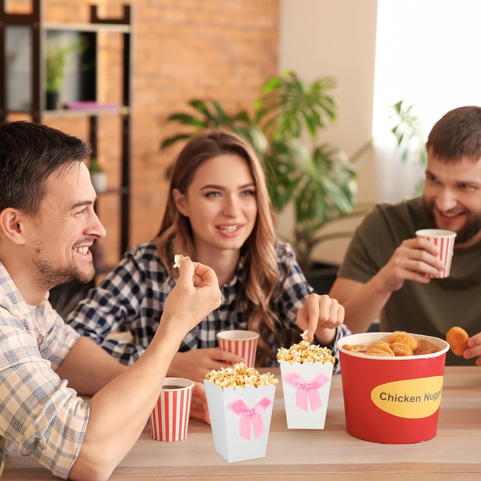 JarThenaAMCS 36Pcs Mini Popcorn Boxes White Popcorn Buckets with Pink Bow Paper Candy Favor Boxes Popcorn Treat Boxes for Movie Night Party Supplies, 4.2 x 3 x 2.2 Inch