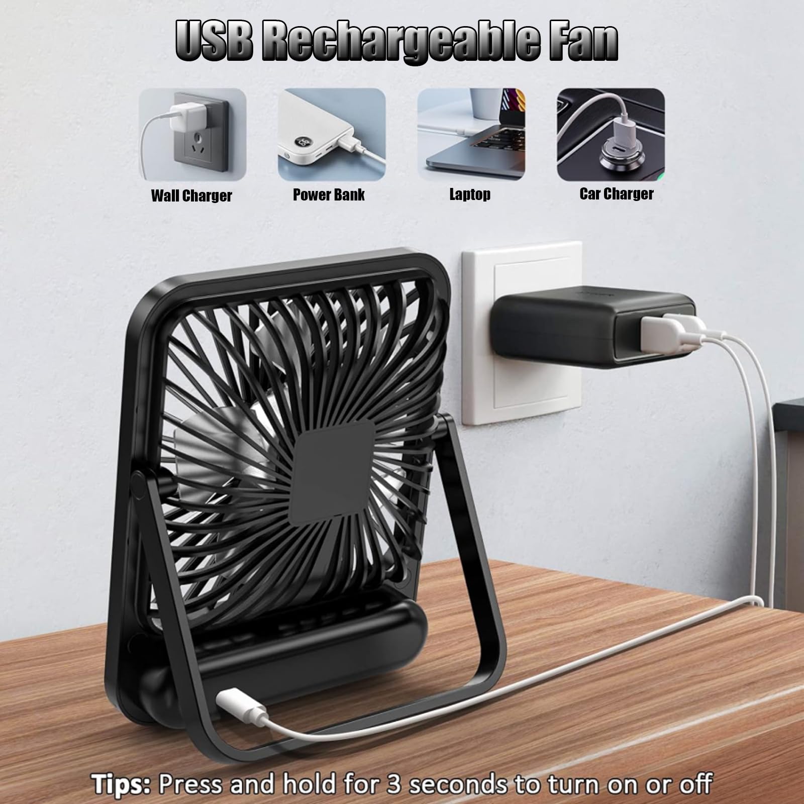 MYMULIKE Battery Operated Small Desk Fan,Portable 3 Speed USB Rechargeable Fan With LED Display, 3000mAh 180° Tilt Folding Personal Fan for Bedroom Home Office Outdoor Trip