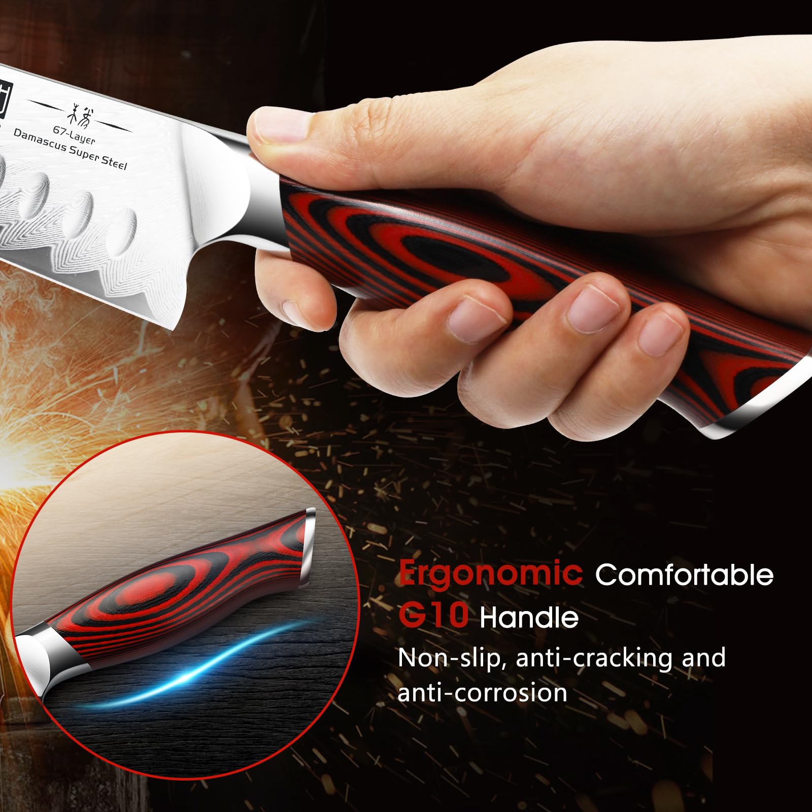 HOSHANHO Damascus Santoku Knife, 7 Inch Professiona Kitchen Knife,VG-10 Damasucs Steel Ultra-Sharp Santoku Chef Knife with Ergonomic G10 Handle