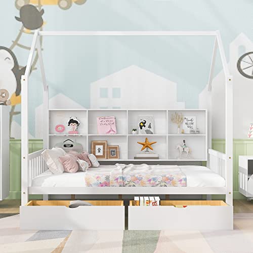 MERITLINE Full Size House Bed for Kids, Wooden Kids Bed Frame with Drawers & House Roof Frame, House-Shaped Bed with Storage Shelf & Slat Support, No Box Spring Needed (White)