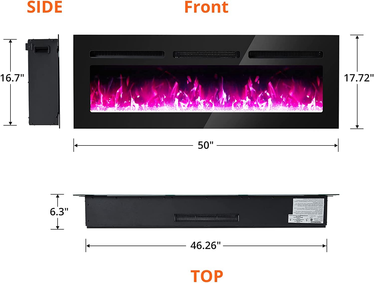 Electric Fireplace, 50 inch Recessed and Wall Mounted Electric Fireplace with Remote Control, Timer and Touch Screen, 12 Adjustable Flame Color and Speed, 750W/1500W