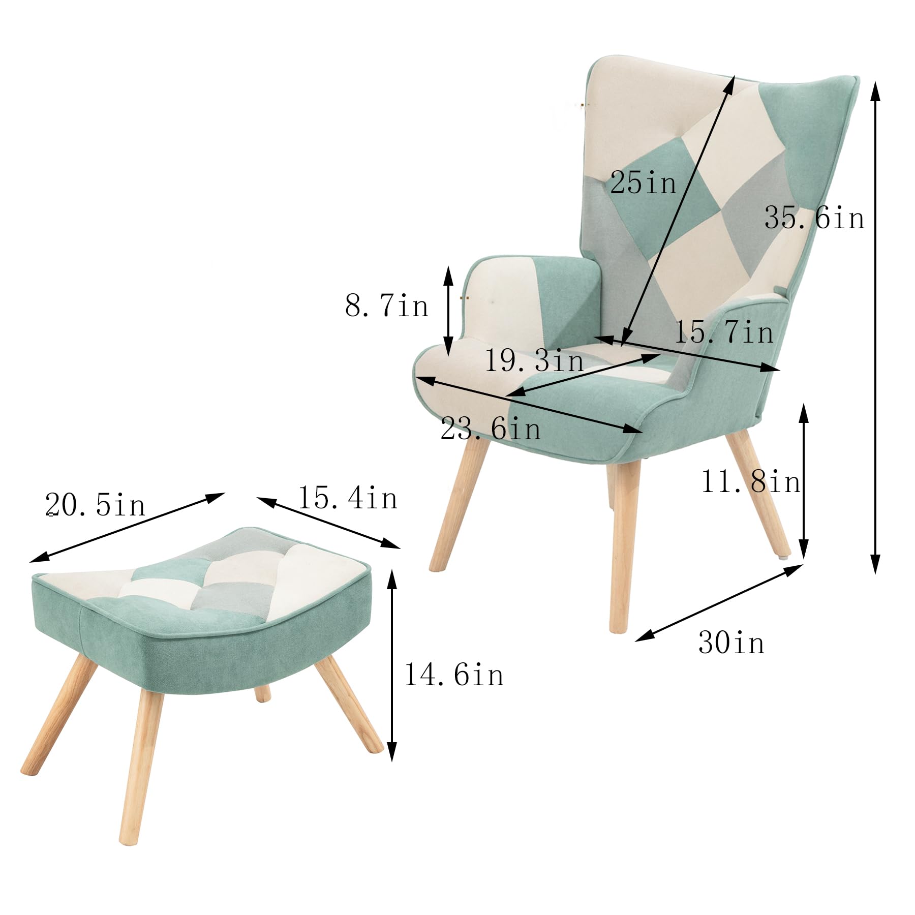 Dolonm Accent Chair with Ottoman Set Modern Lounge Wingback Armchair with Footrest Single Sofa Reading Chair with Solid Wood Legs for Bedroom Living Room (Beige)