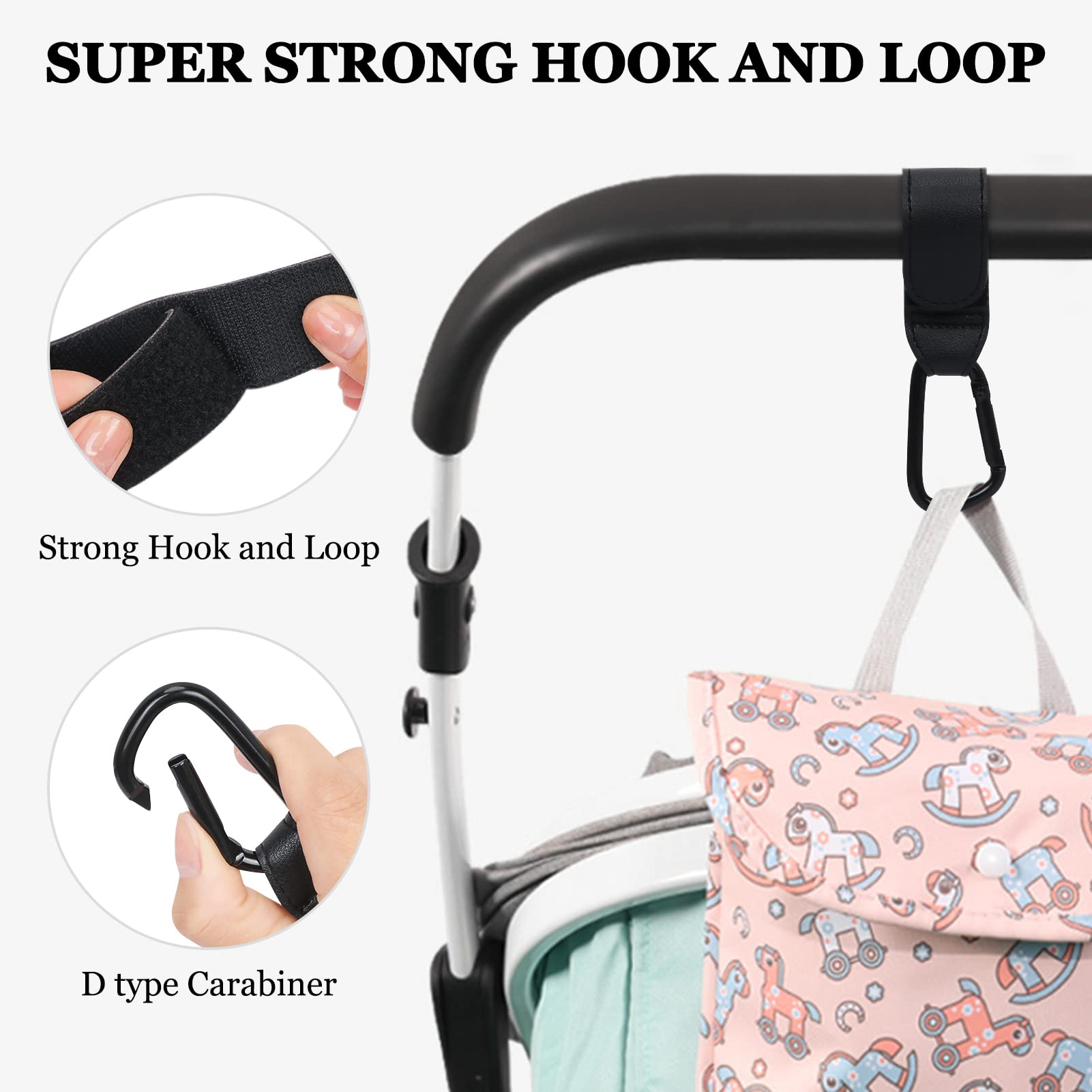 FYY (2 Pack) Leather Stroller Hooks for Hanging, Baby Stroller Hook for Diaper Bags, Multipurpose Hooks for Hanging Bags, Shopping Bags, Tote, Free Hands, Stroller Accessories, Stroller Hooks Clips