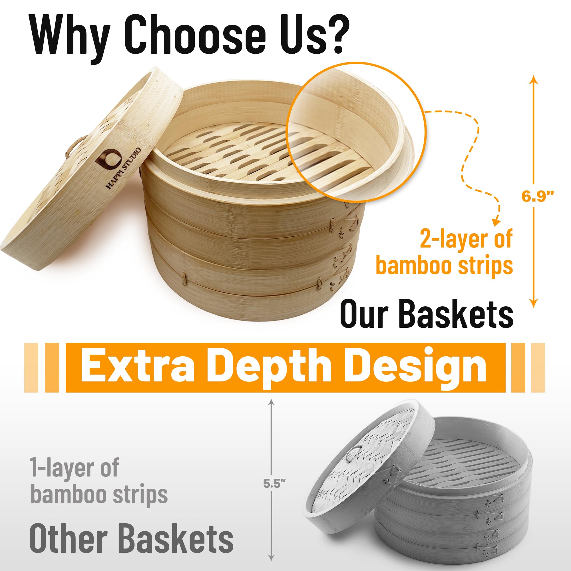 HAPPi STUDIO Bamboo Steamer Basket With Steamer Ring - 10 inch Dumpling Steamer Basket - Large Bamboo Steamer for Cooking Bao Buns, Dim Sum - Chinese Steamer Bamboo Steam Basket - Steaming Basket