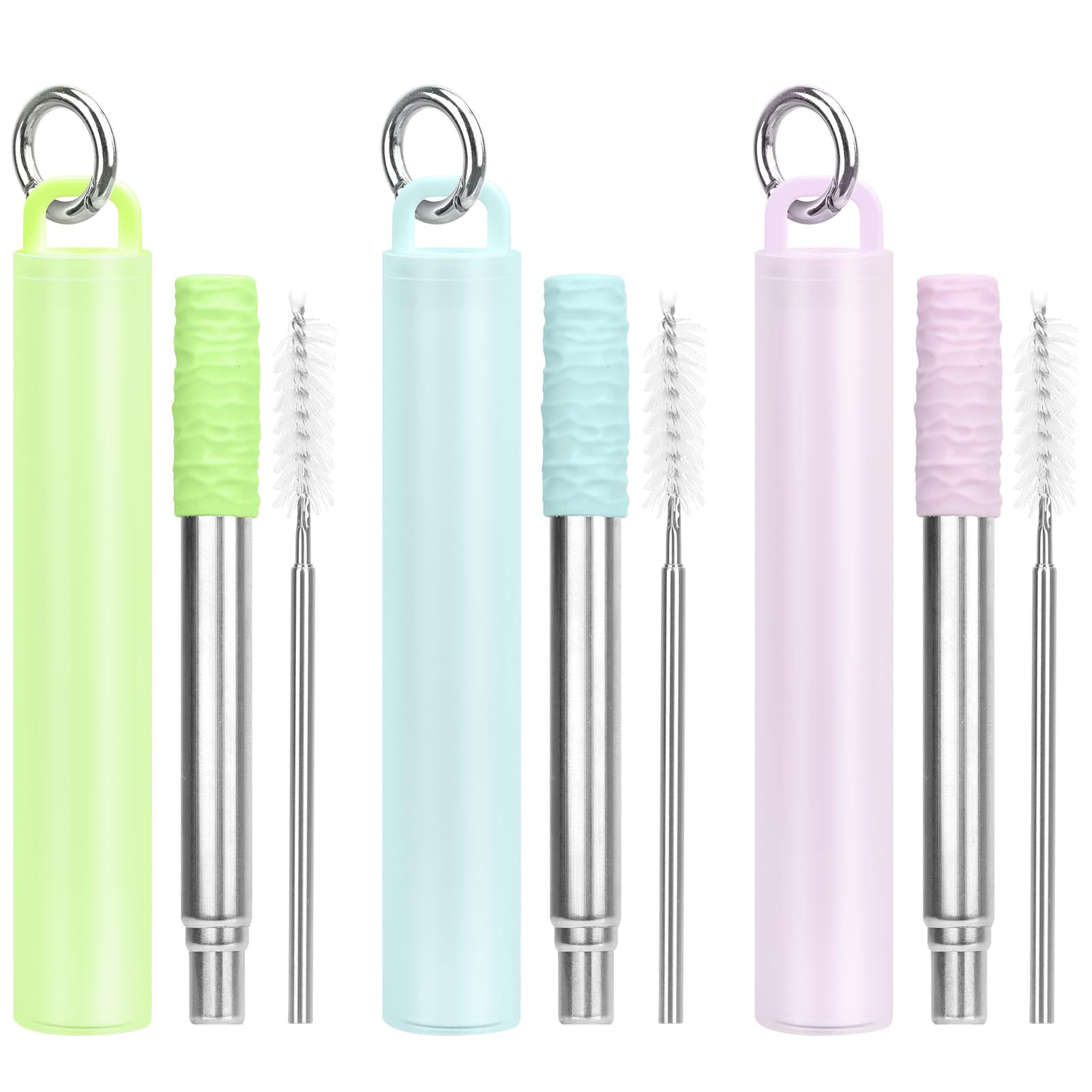 FYY Reusable Straws with Case - 3 Pack Collapsible Stainless Steel Travel Straws with Cleaning Brush & Silicone Tips Portable Cruise Ship Essentials Telescopic Drinking Straws with Keychain Ring 3P1