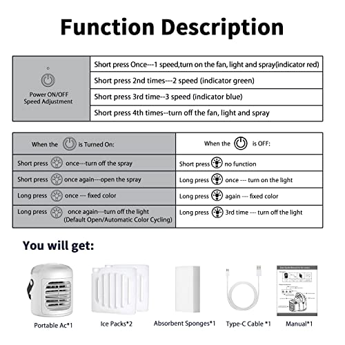 Portable Air Conditioner,3-in-1 Personal Air Cooler, Desk Mini Portable Ac with Ice Packs, 2000 mAh Rechargeable Battery
