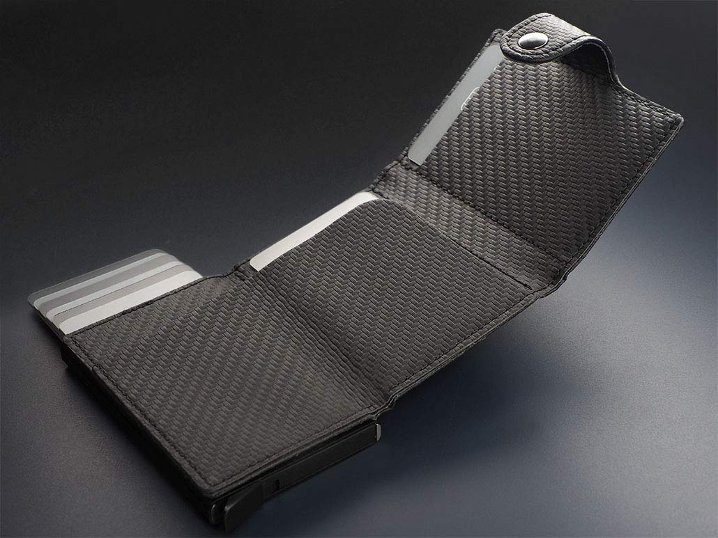 PULARYS Mini Wallet CARBON - Card Case Made of Carbon Eco-Leather - RFID blocking - Size: 7.5 x 9.5 x 2.5 cm - Space for up to 9 Cards - One Note Compartment Secured with Snap Closure