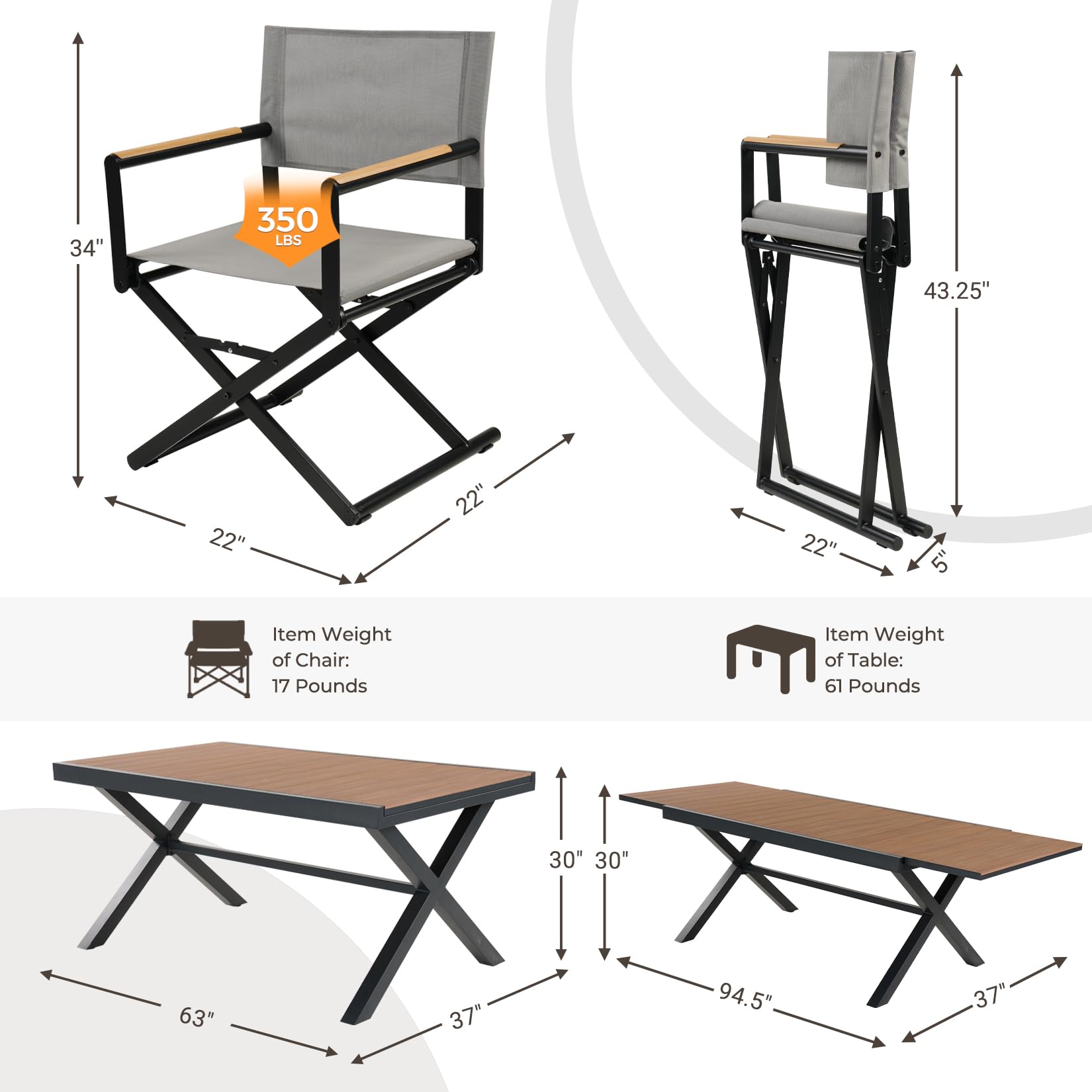 Grand patio 7-Piece Outdoor Dining Set, 6 Extra-Wide Foldable Chairs & 1 Extendable Table, UV-Resistant Mesh Patio Furniture Set, Wood Grain Tabletop for Garden, Yard and Terrace, Black