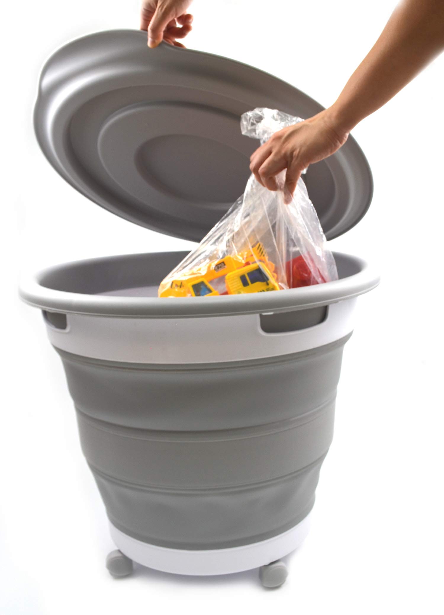 SAMMART 66L(17.4 Gallon) Collapsible Plastic Garbage Bin with Wheels & Removable Lid-Foldable Pop Up Container-Portable Washing Tub-Space Saving Basket,Water Capacity 56L(14.8 Gallon) (1, Grey)