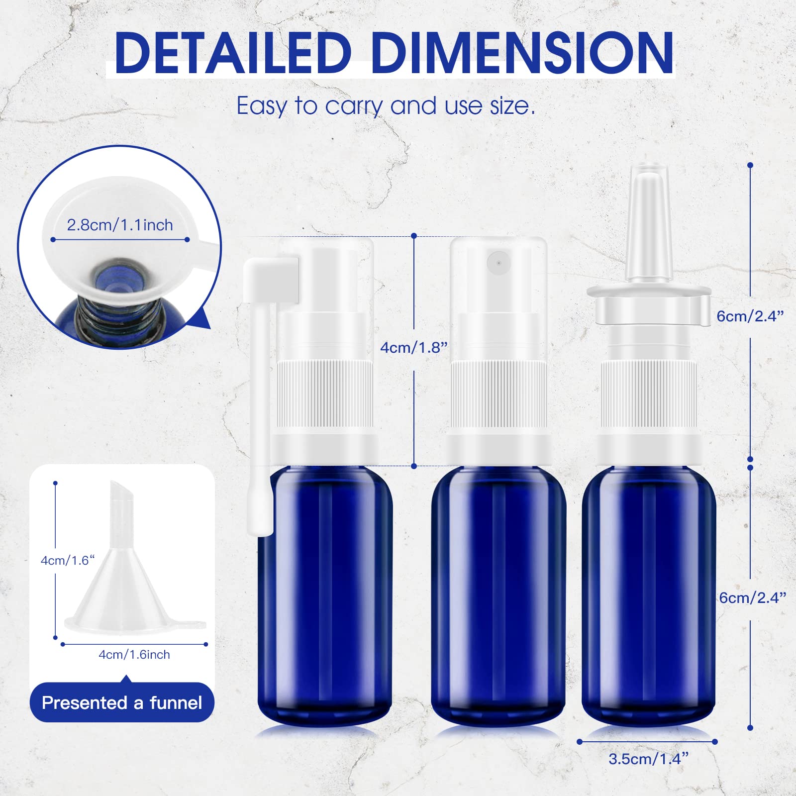 FZENeast Nasal Spray Bottle, 6 Pcs 30ML/1oz Glass Refillable Continuous Fine Mister Spray Bottles, Small Empty Nasal Sprayer with Different Sprayers, Funnels, Travel Clips and Labels(Blue)
