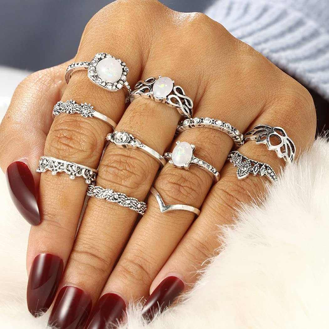 Edary Vintage Rings Set Gemstone Knuckle Rings Carved Stackable Rings Silver Lotus Mid Rings for Women and Girls(11PCS)