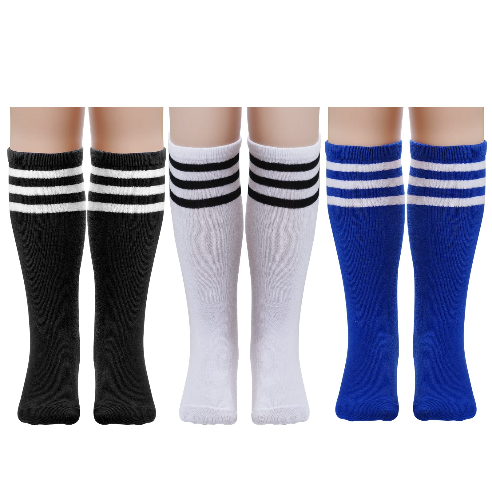 Dxhycc 3 Pairs Kids Soccer Socks Stripes Knee High Tube Socks School Cotton Uniform Sports Socks for Toddler Girls and Boys