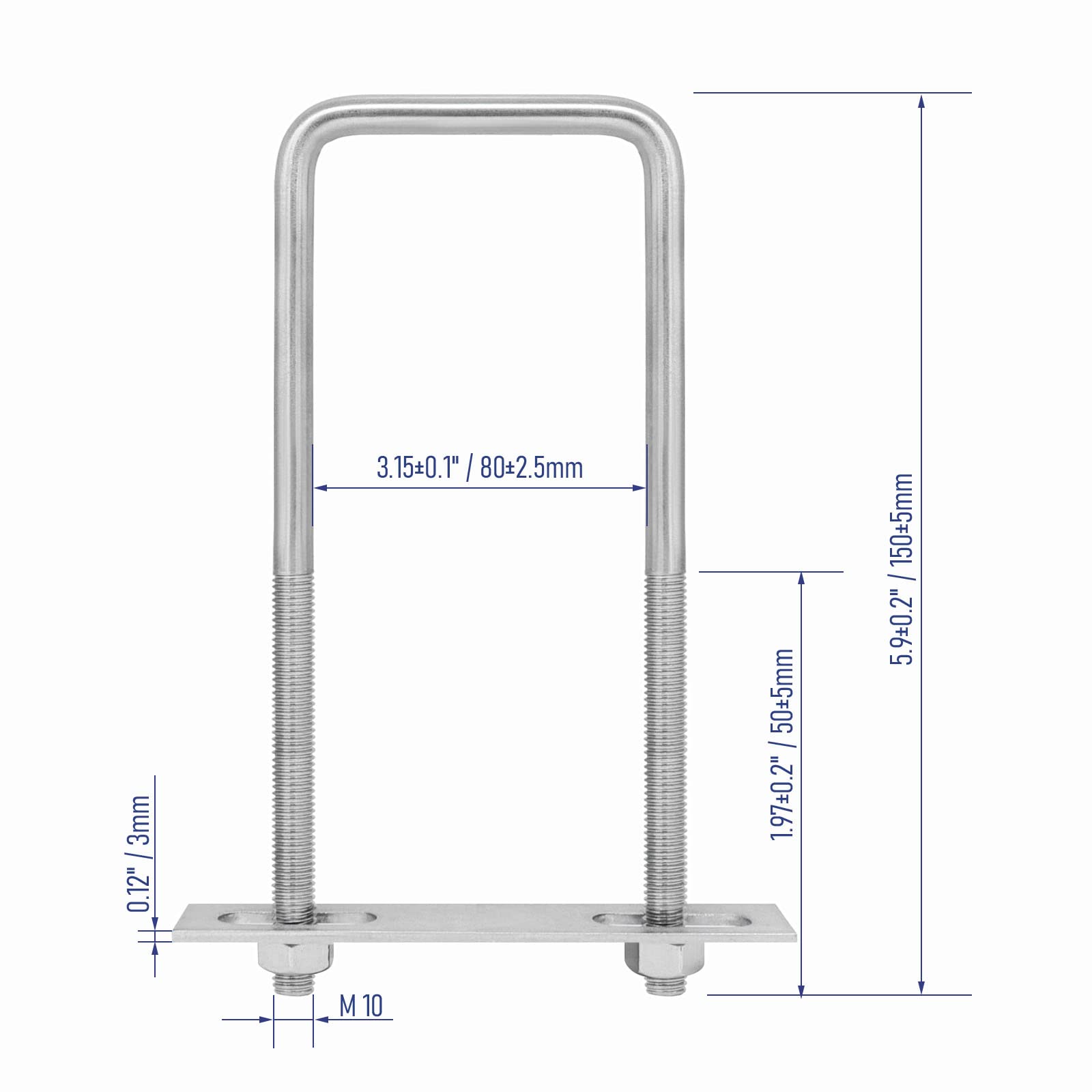 FOCMKEAS 2 Sets 304 Stainless Steel Square U-Bolts 3.15"(80mm) Inner Width, 5.91"(150mm) Length Stainless M10 with Nuts, Frame Plate, Accessories for Automobiles Trailer, Boat Trailer Industrial Parts