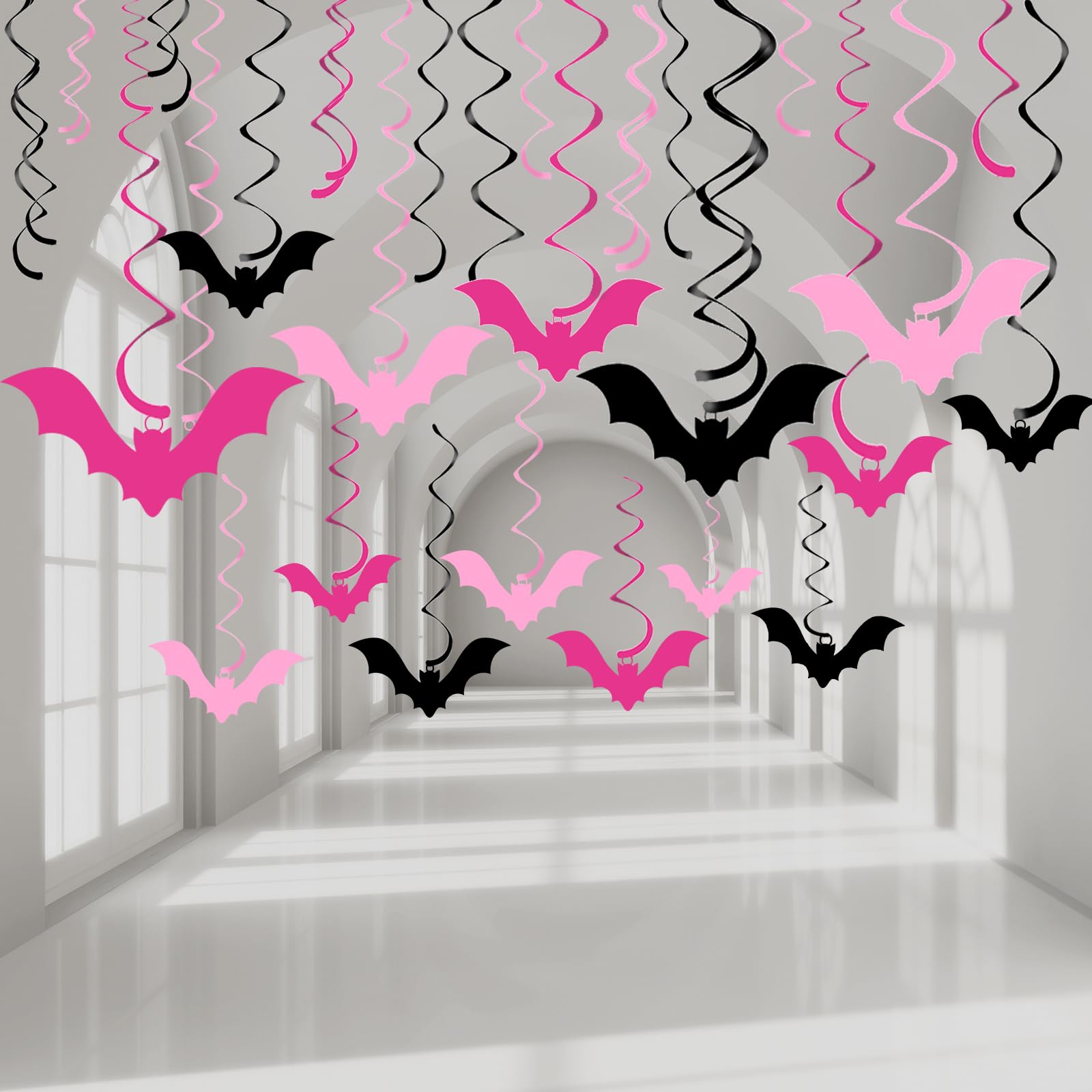 JarThenaAMCS 60Pcs Halloween Hanging Swirl Decoration Black Pink Bat Hanging Streamers 3 Colors Cutout Cardboard Ornament Ceiling Spirals for Home Party Decor