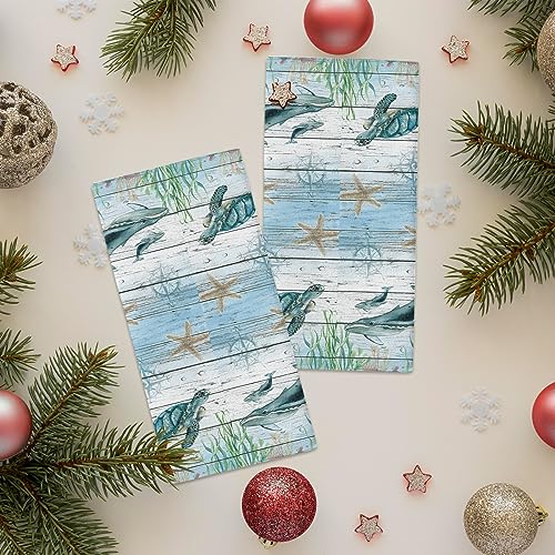 Kitchen Towels Sea Whale Starfish Absorbent Tea Towel Soft Hand Dish Towel Rustic Wood Ocean Compass Blue Reusable Washable Cleaning Cloth Bath Towels for Bathroom Bar for Everyday Cooking (Pack of 1)