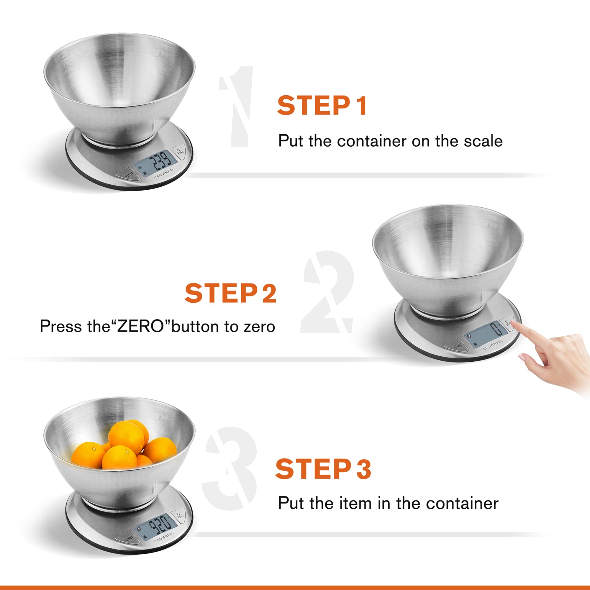 CROWNFUL Digital Food Scale with Bowl,11lb/5kg Kitchen Scales Digital Weight Grams and Ounces for Cooking and Baking,Kitchen Scale with Bowl (Batteries Included)