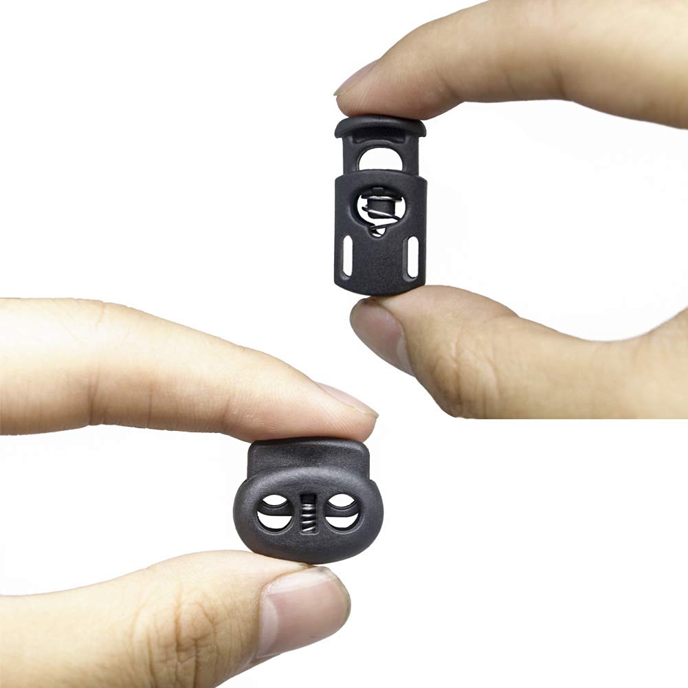 CousDUoBe 30 Pcs Plastic Cord Locks End Spring Stopper,Suit for Drawstrings, Bags, Shoelaces, Clothing, More (15 Double-Hole, 15 Single-Hole, Black