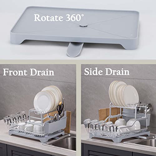 Panchydor Dish Rack,Aluminum 2 Tier Silver Large Dish Drainers for Kitchen Counter,One-Step Installation Automatic Draining Dish Rack with Cup Holder,Utensil Holder,Cutting Board Holder,Two Hooks