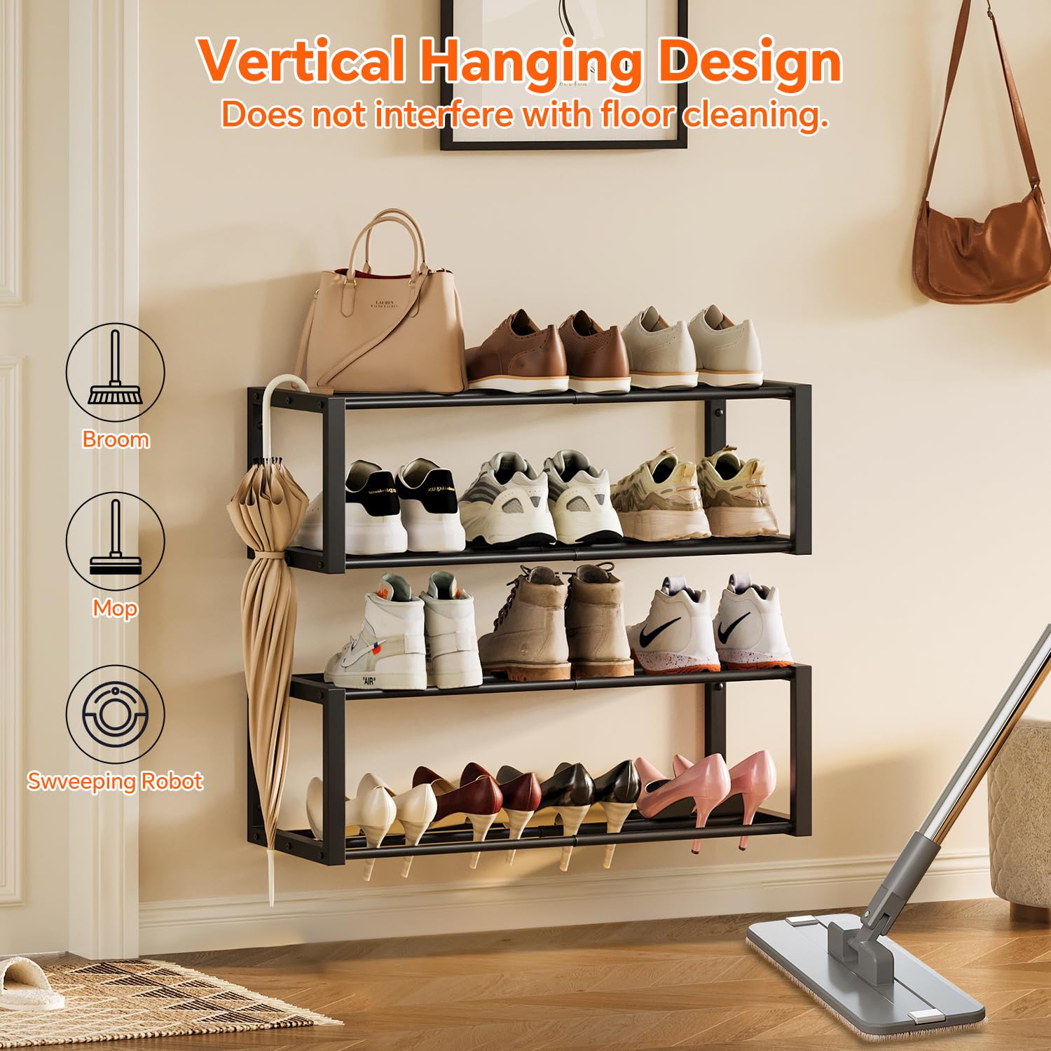 Homeiju Hanging Shoe Organizer,2 Pack Wall Mounted Shoe Rack Holds 12 Pairs,Space Saving Metal Wall Shoe Rack,Hanging Shoe Rack Shoe Holder for Small Space,Entryway,Closet,RV,Camper(Black