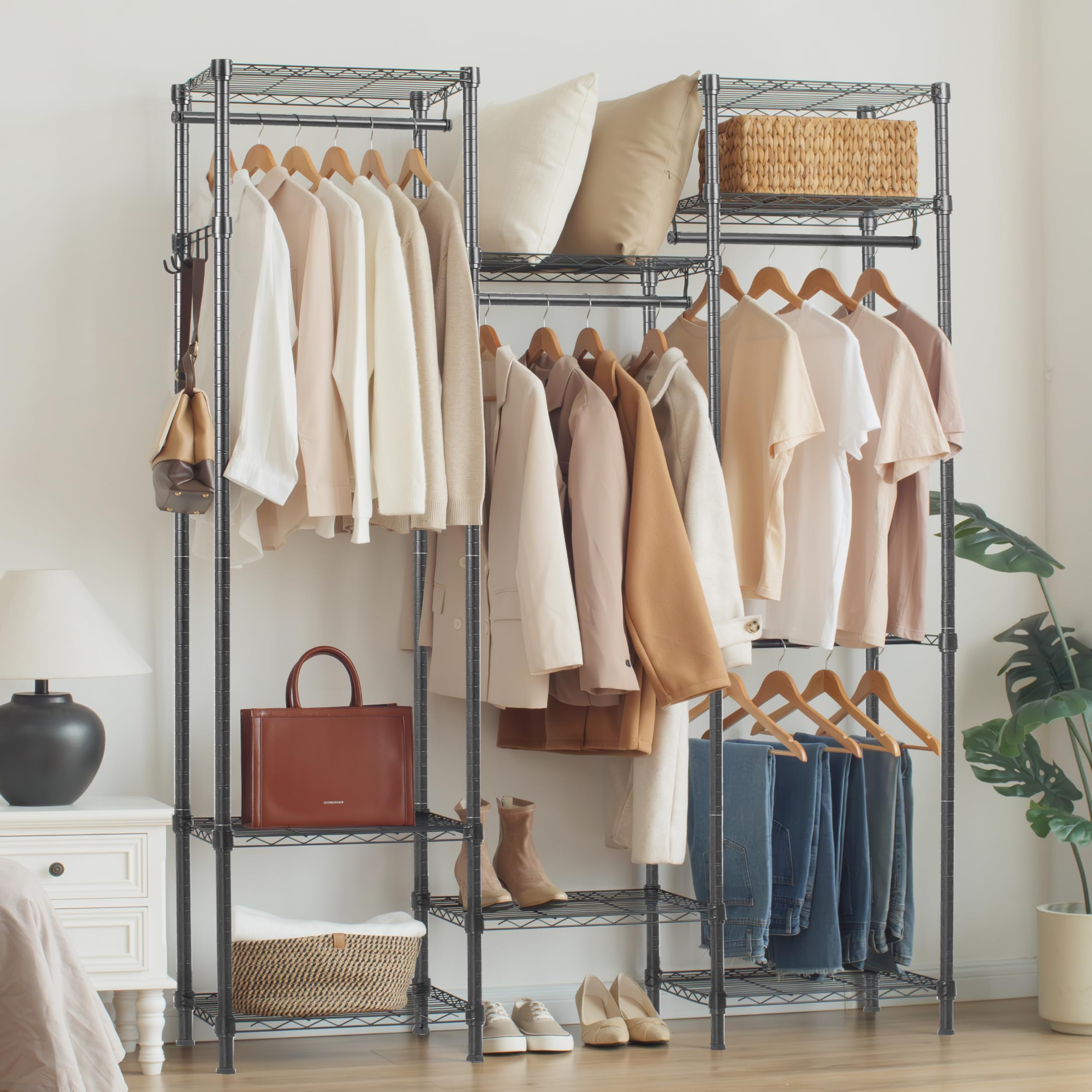 JS HOME Portable Closet Wardrobe Heavy Duty Clothes Rack, Freestanding Clothing Rack with 4 Hang Rods & 8 Shelves, Adjustable Closet Rack, 57" L x 15.7" W x 76.8H, Max Load 925LBS, Black