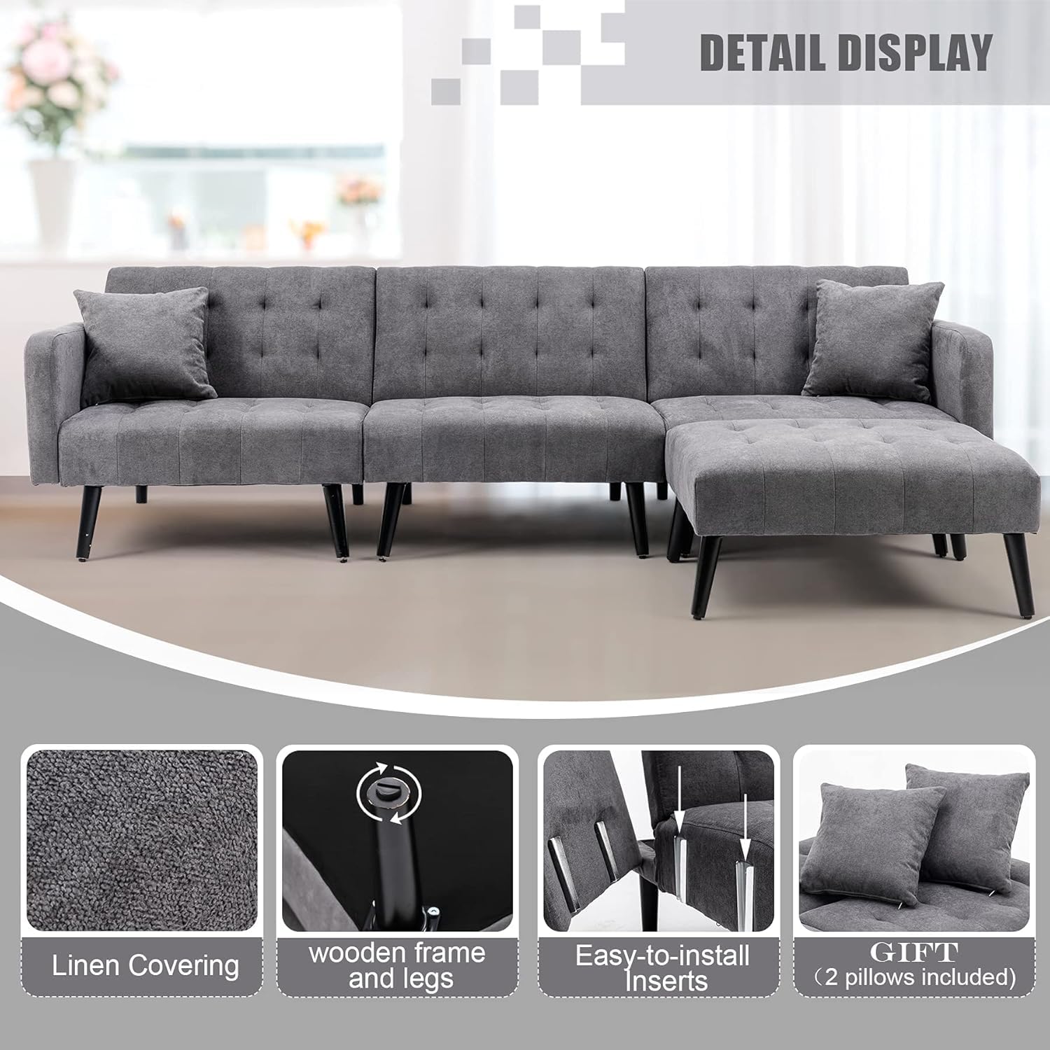 KissAir Modern Linen sectional Convertible Sofa Bed Reversible Sectional Sofa Sleeper Mid-Century Upholstered Comfy Couches for Living Room w/Chaise Lounge,Split-Back,Removable Armrests(Dark Grey)
