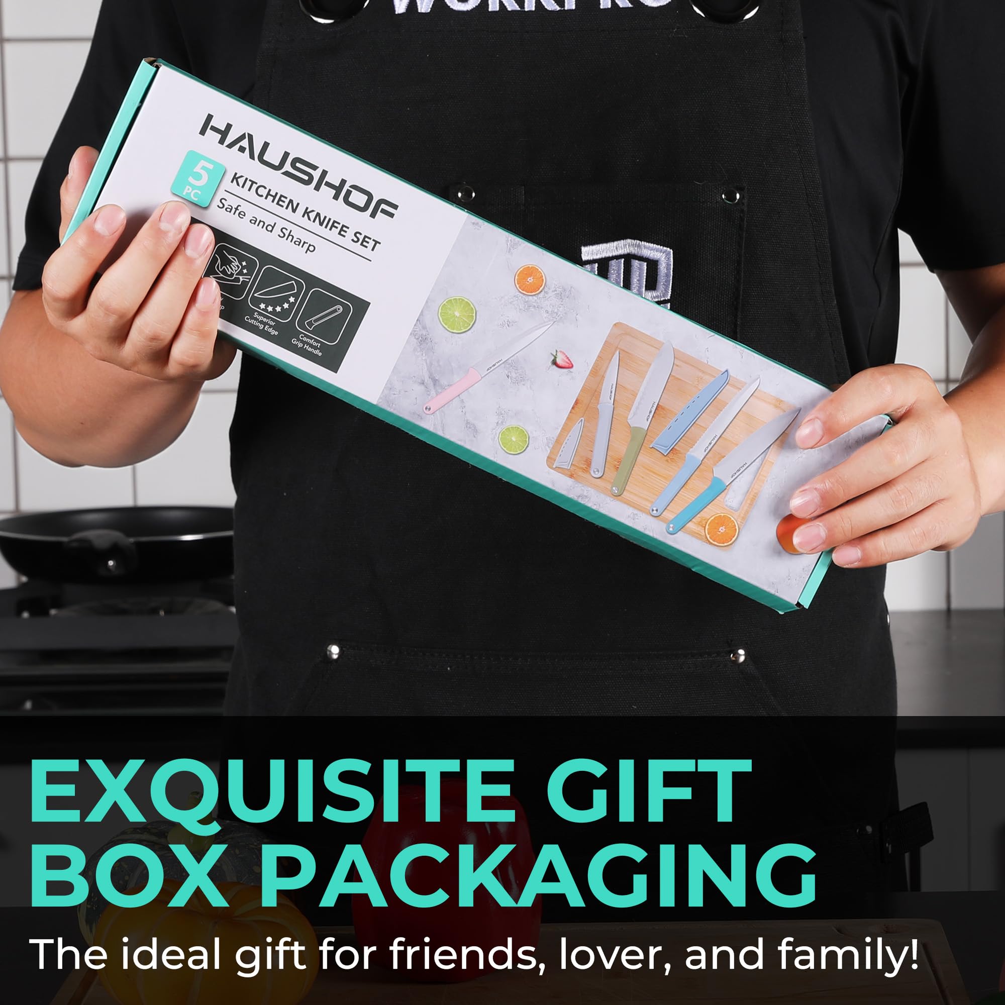 HAUSHOF Kitchen Knife Set, 5 PCS Colorful Kitchen Knives with Sheaths, Non-Stick Coated Stainless Steel Blades for Slicing, Dicing&Cutting, Gifts Knife Set with Ergonomic Handle for Dad, Mom, and Wife
