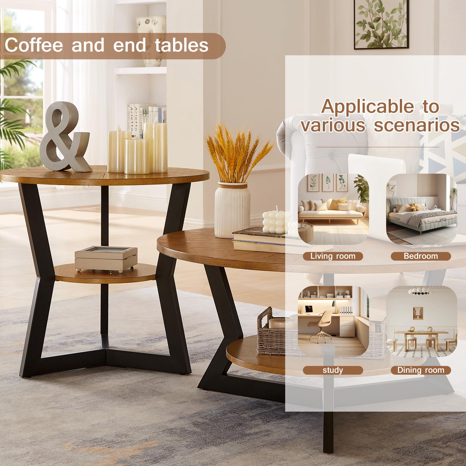 Gravilithic Round Wood Coffee Table for Living Room, 2-Tier Rustic Circle Coffee Table with Storage, Solid Natural Coffee Table with Metal Legs, Radial Pattern 35โx 17โ