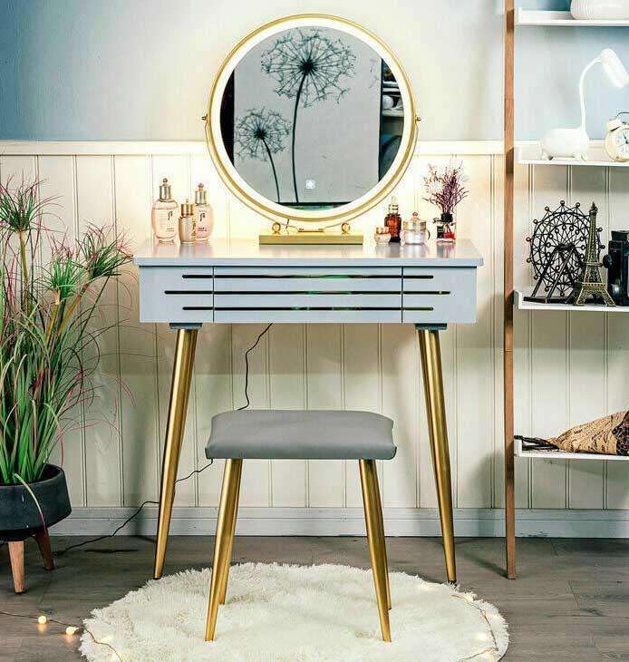 KJNS Makeup Vanity Set Dressing Table Touch Screen Mirror Stool 3 Lights Vanity Desk Makeup Vanity Side Tables Bedroom Vanity Table Portable Desk Vanity Set