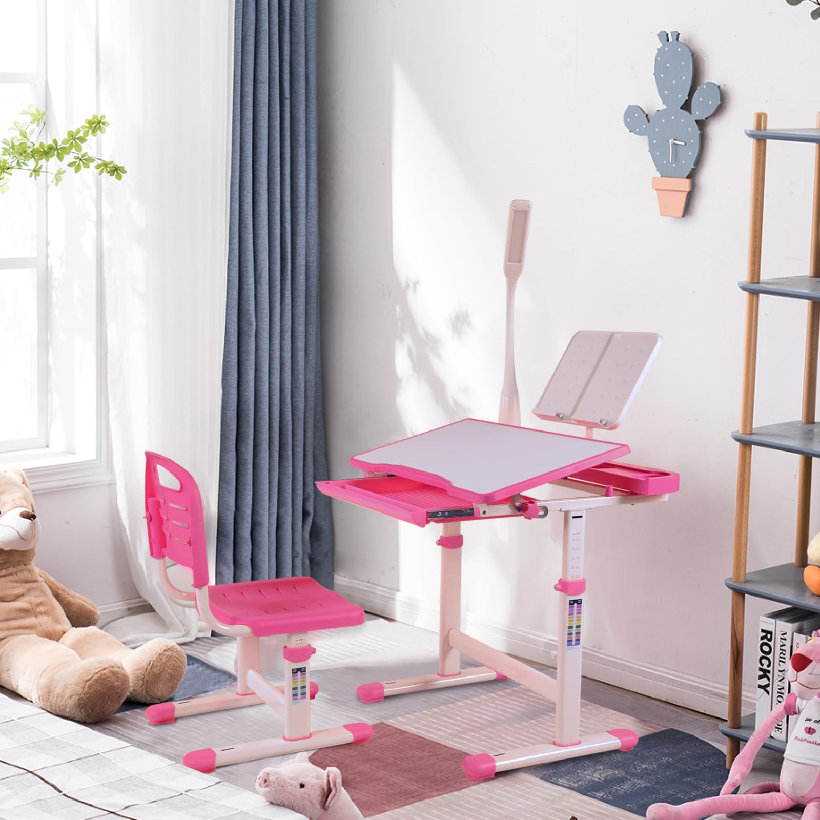 Napfox Desk for Kids Desk and Chair Set Kids Art Desk Drafting Table Desk Set with Adjustable Height, 40-Degree Tiltable Children Desktop, LED Light,Bookstand,Pink