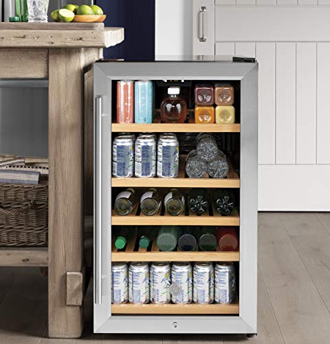 GE Wine Cooler & Beverage Refrigerator | Mini Fridge With Lock & Key Included | Complete With Oak Shelving, Glass Exterior & Warm Interior Lighting | Fits 109 Cans or 31 Wine Bottles | Stainless Steel