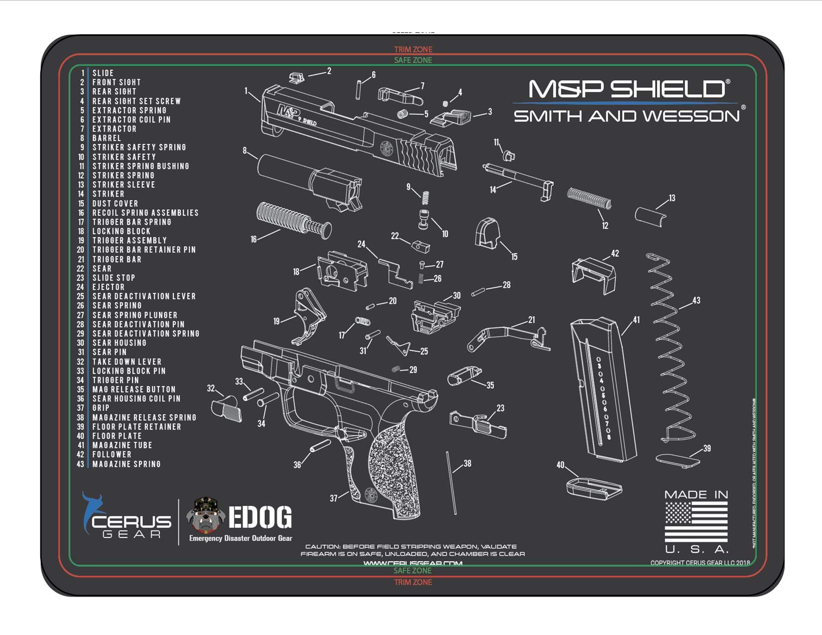 EDOG Range Warrior 27 Pc Gun Cleaning Kit - Compatible with S&W M&P Shield - Schematic (Exploded View) Mat, Range Warrior Universal .22 9mm - .45 Kit & Tac Book Accessories Set