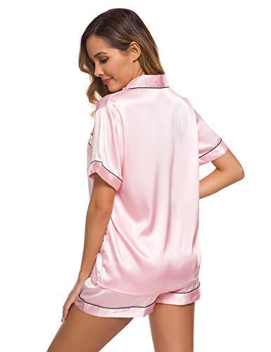 SWOMOG Womens Silk Satin Pajamas Set Two-Piece Pj Sets Sleepwear Loungewear Button-Down Pj Sets