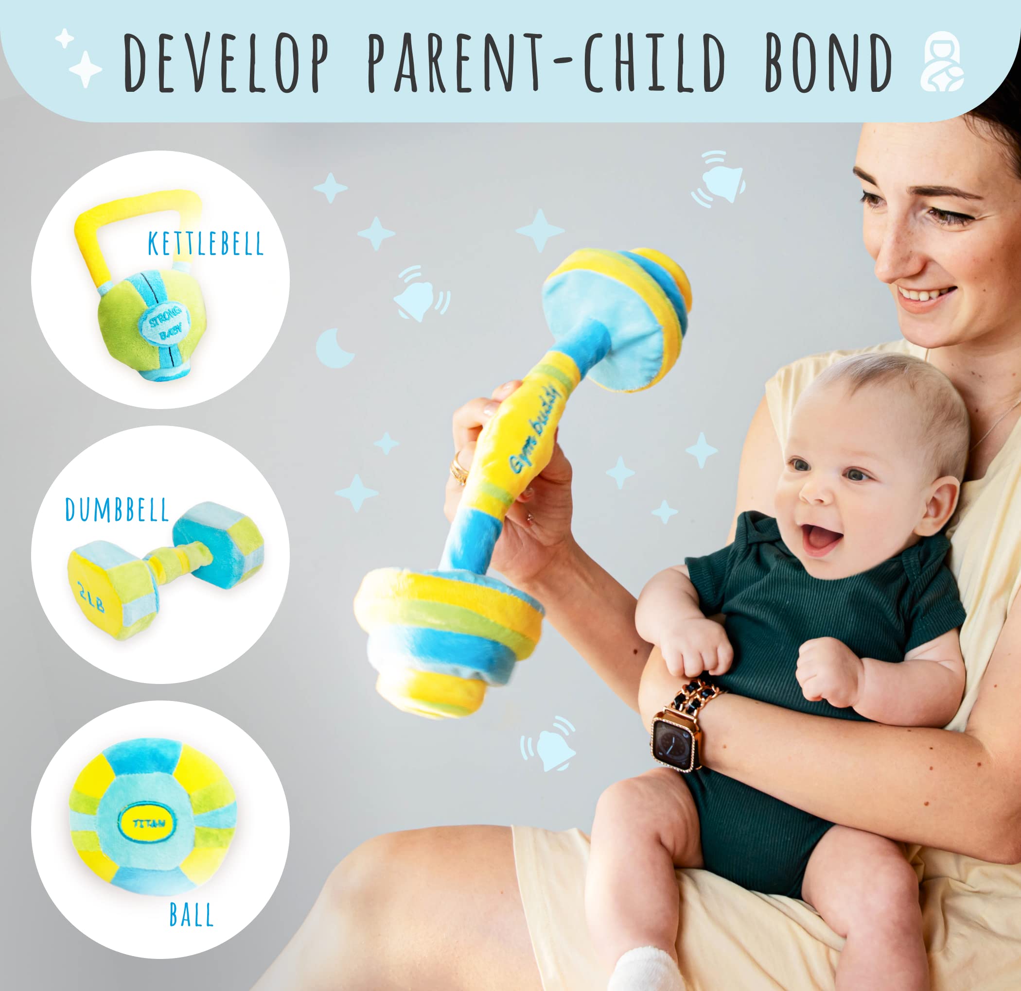 Skywin Baby Workout Toys Fit Training - Baby Shower Set of 4 Soft, Durable and Safe Plush Baby Rattle Toys for Ages 0+